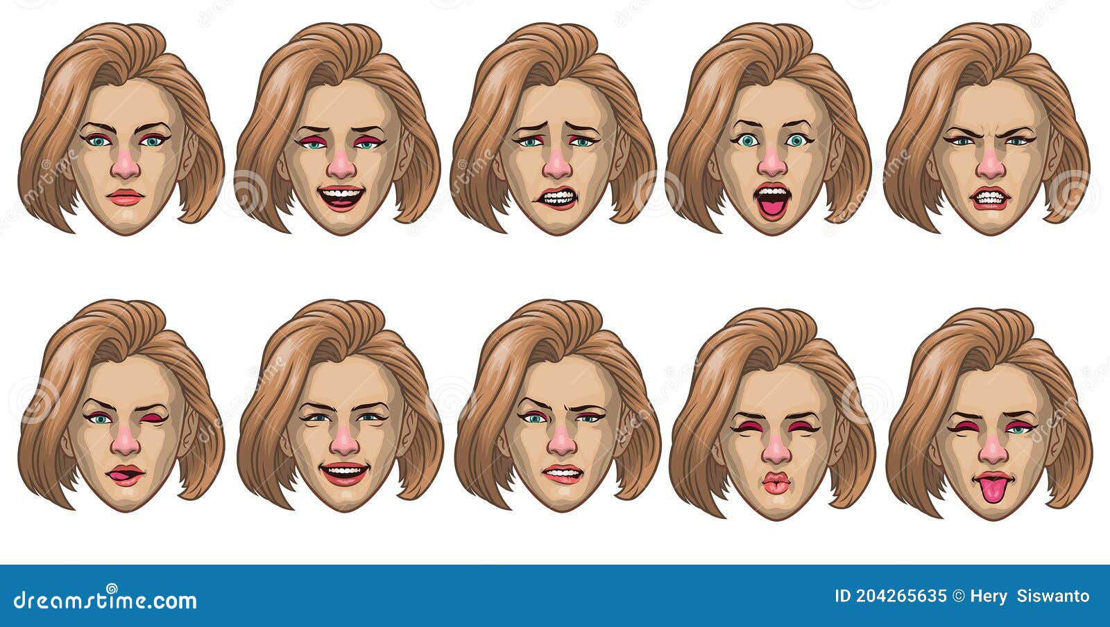 Set of Caucasian Women Head in Various Face Expression Stock Vector ...