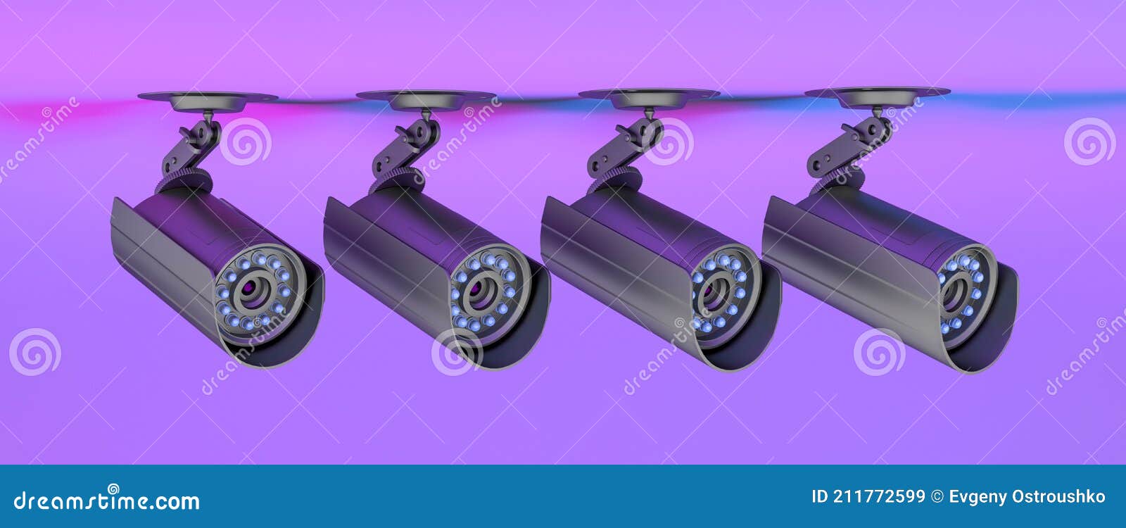 Set of Cctv Cameras in Neon Purple Lighting Stock Illustration ...