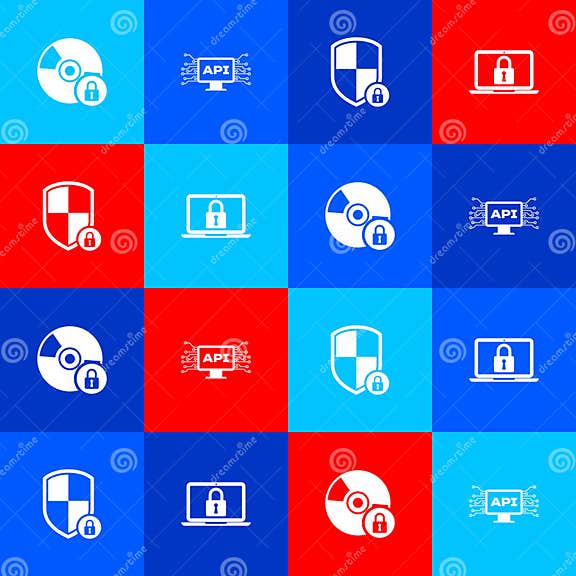 Set CD or DVD Disk with Lock, Computer Api Interface, Shield Security and Laptop and Icon ...