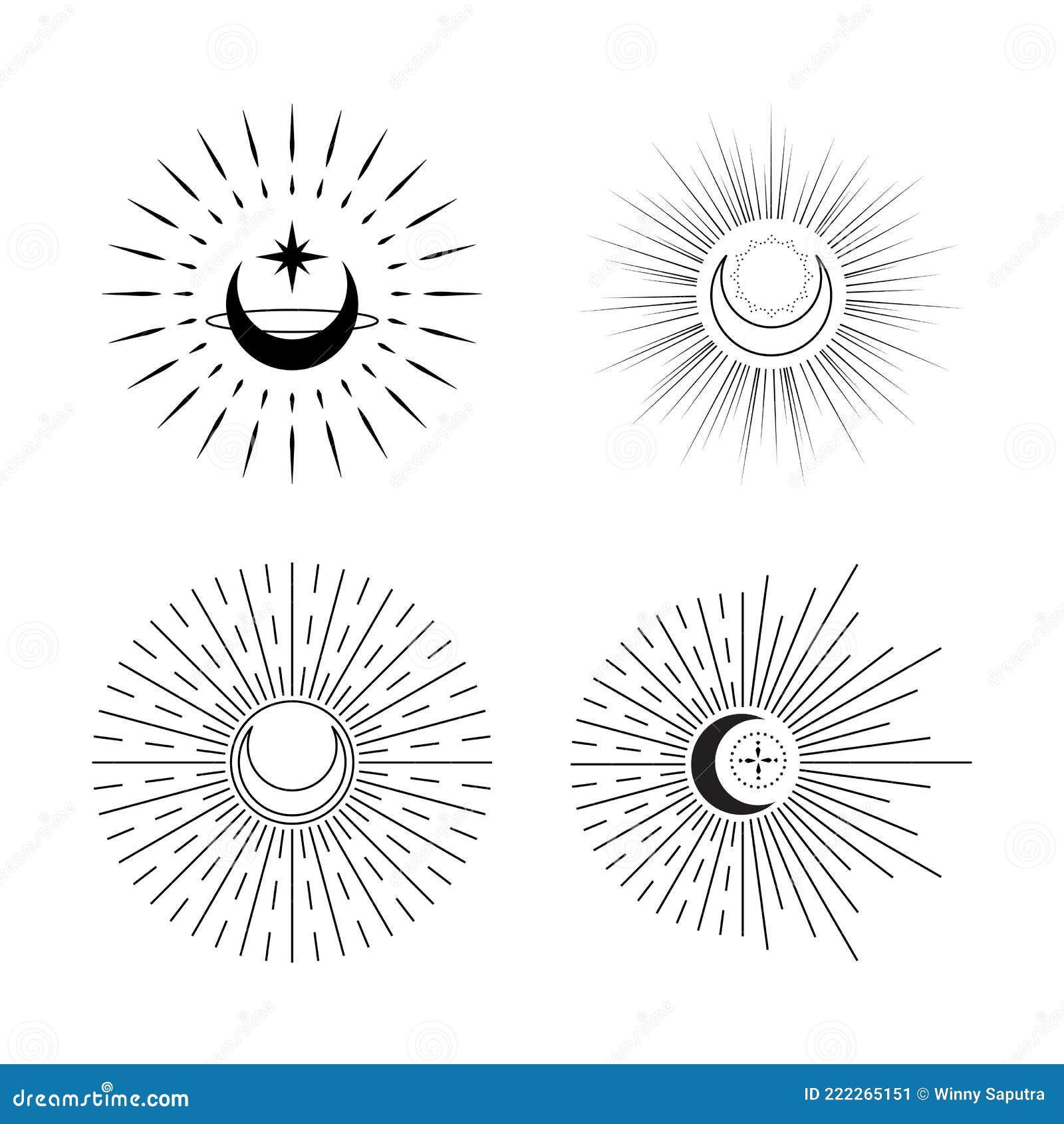 Set of Celestial Moon with Sunburst Logo. Stock Vector - Illustration ...