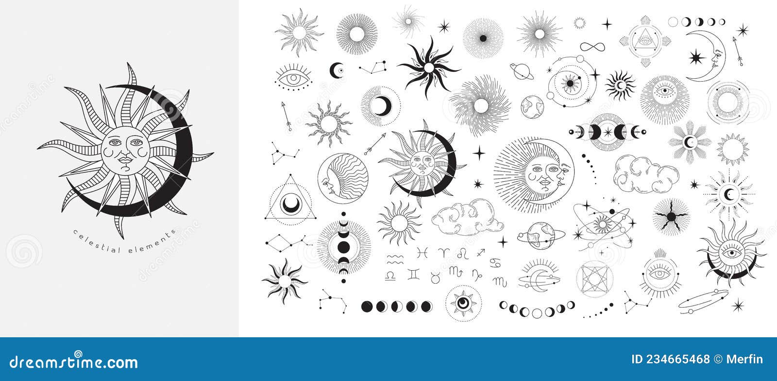 Set of Celestial Mystic Esoteric Magic Elements Sun Moon and Clouds ...