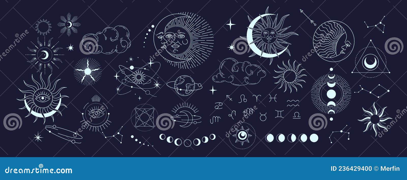 Set of Celestial Mystic Esoteric Magic Elements Sun Moon and Clouds ...