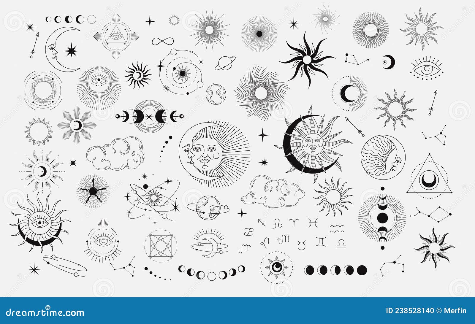 Set of Celestial Mystic Esoteric Magic Elements Sun Moon and Clouds ...