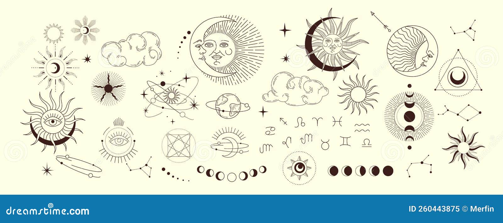 Set of Celestial Mystic Esoteric Magic Elements Sun Moon and Clouds Different Stages of Moon ...