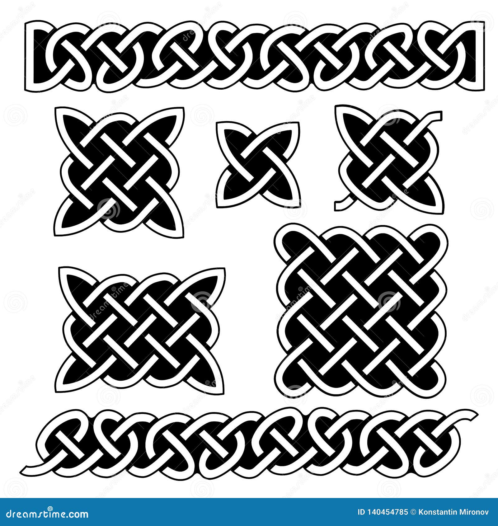 Set of Celtic Knot Patterns and Celtic Elements on Black Background ...