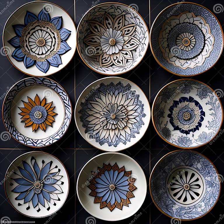 Set of Ceramic Plates with Mandala Patterns. Collection of Ceramic ...