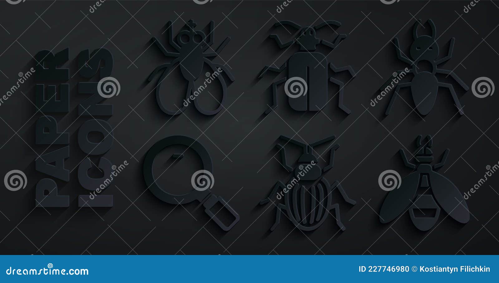 Set Chafer Beetle, Ant, Magnifying Glass, Bee, and Insect Fly Icon ...