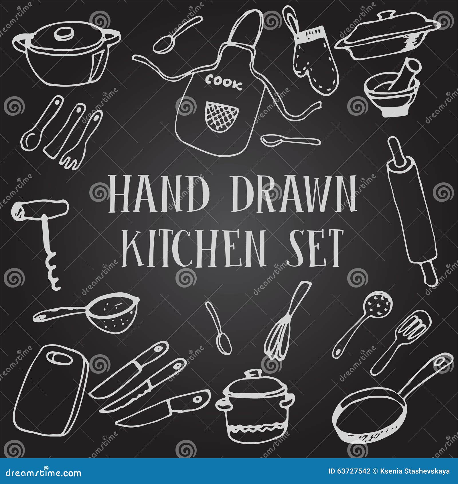 Set chalk drawing kitchen stock illustration. Illustration of cooking ...