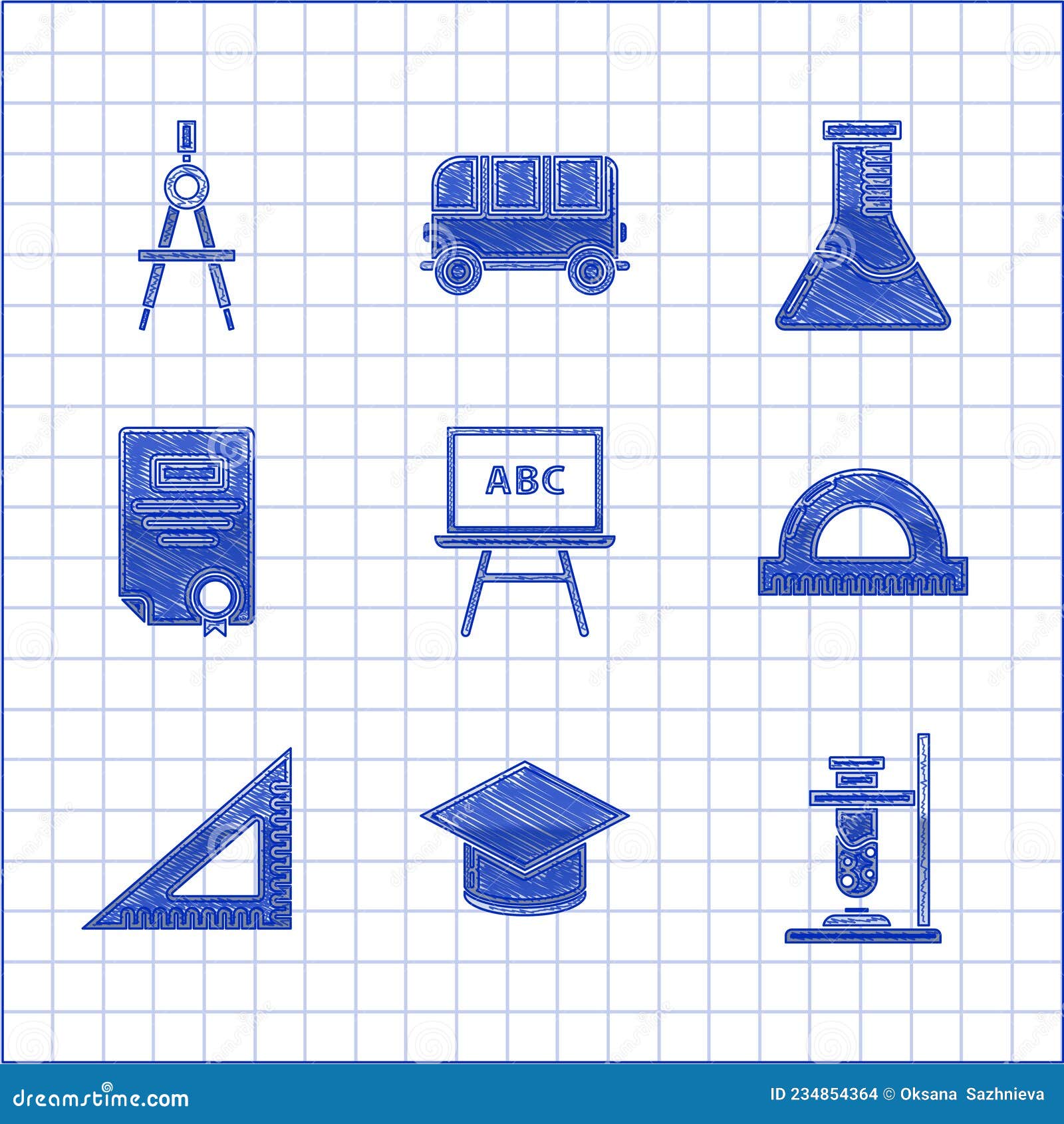 Set Chalkboard, Graduation Cap, Glass Test Tube Flask Fire, Protractor ...