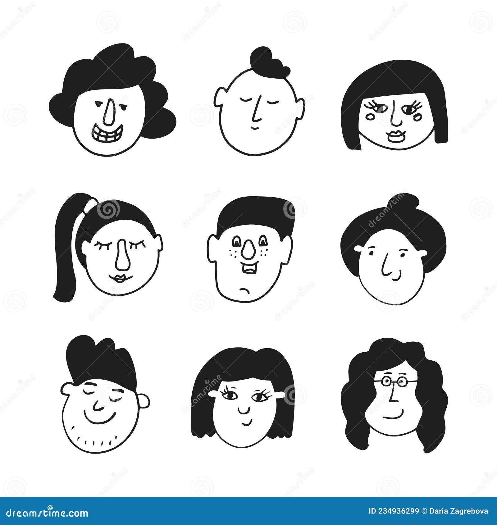 Set of Characters Faces in Doodle Style, Vector Illustration Stock ...