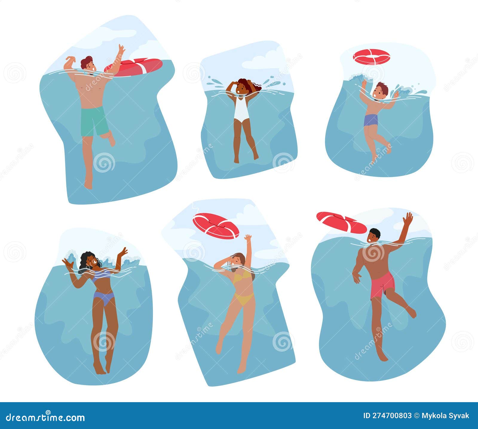 Set Of Characters Flail In Water Struggling To Stay Afloat And Gasping For Air Image Depict