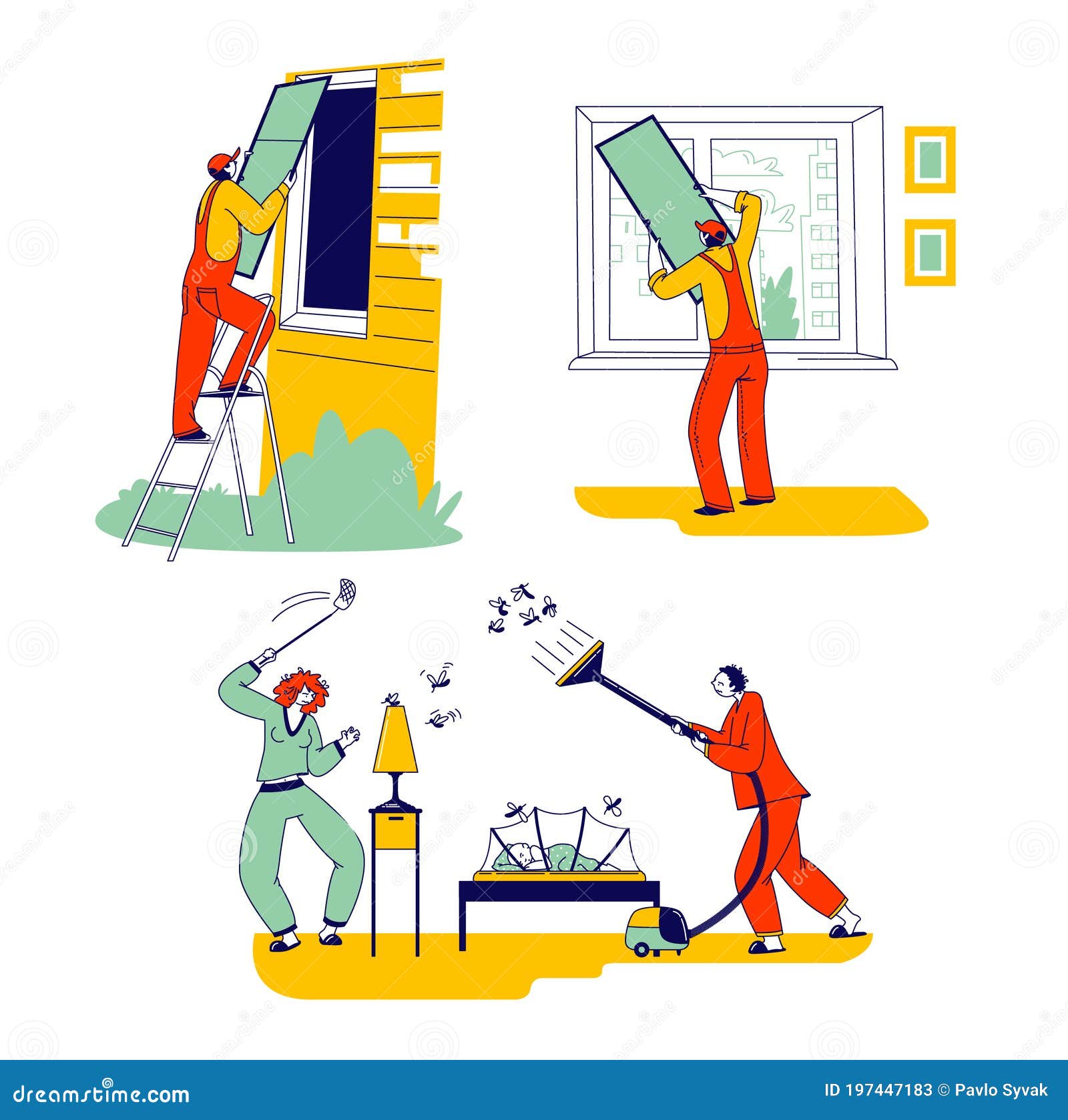 Set Of Characters Installing Mosquito Net At Summer Period. Workers ...