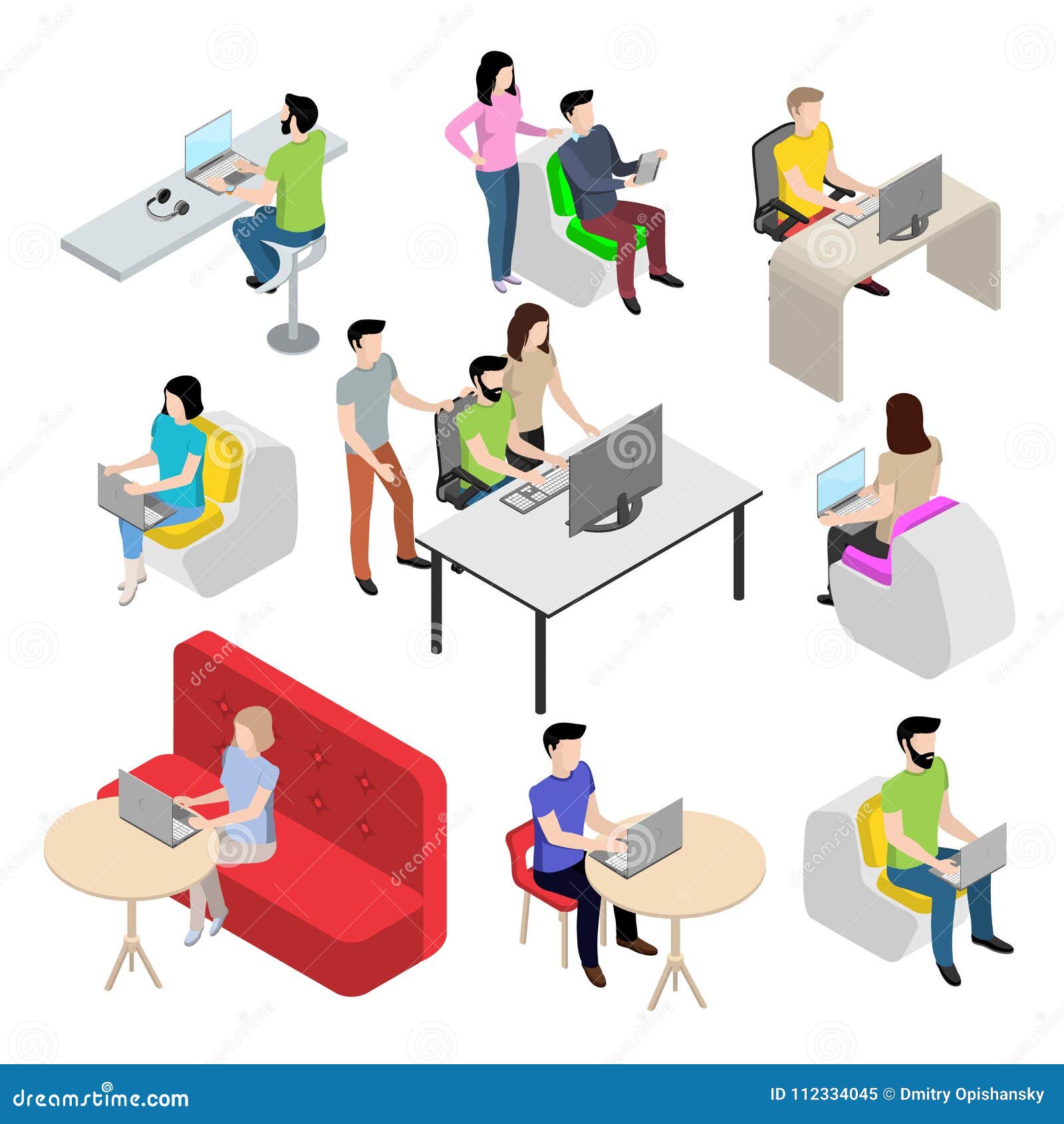 Set of Characters in the Isometric Style, People Work at the Computer ...