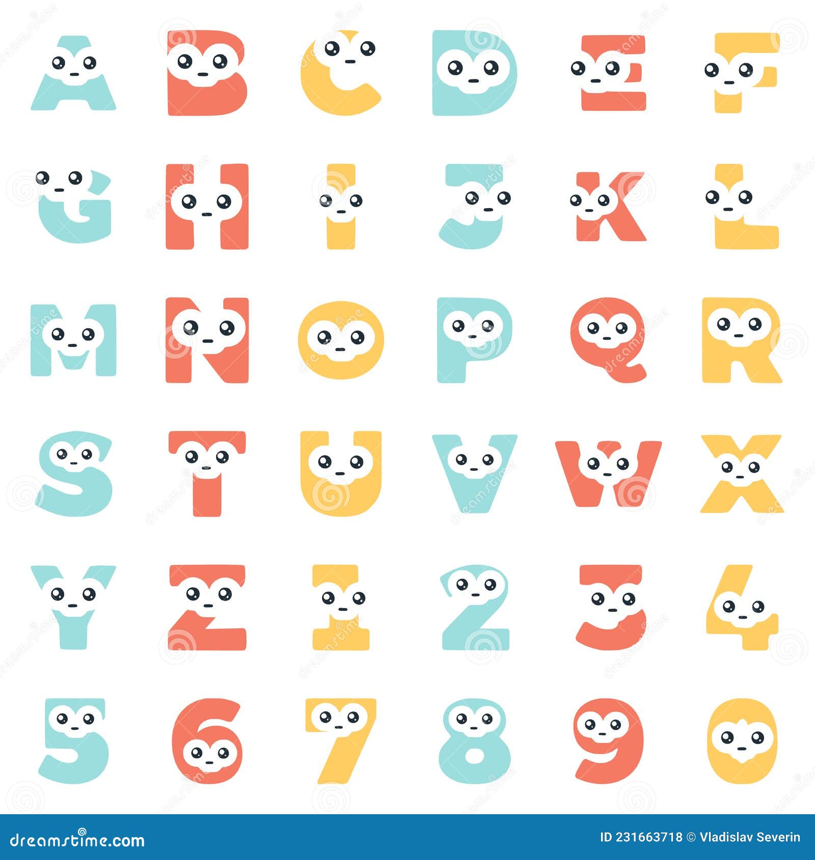 Set Characters in the Shape of Letters and Numbers with a Cute Face ...