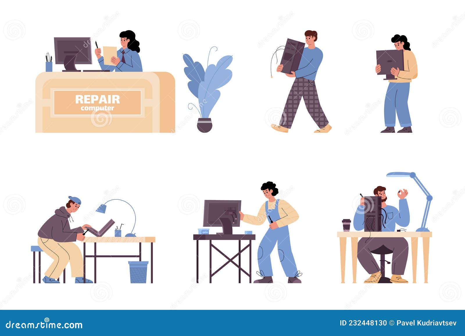 A Set Characters Working at Computer Repair Service a Vector ...