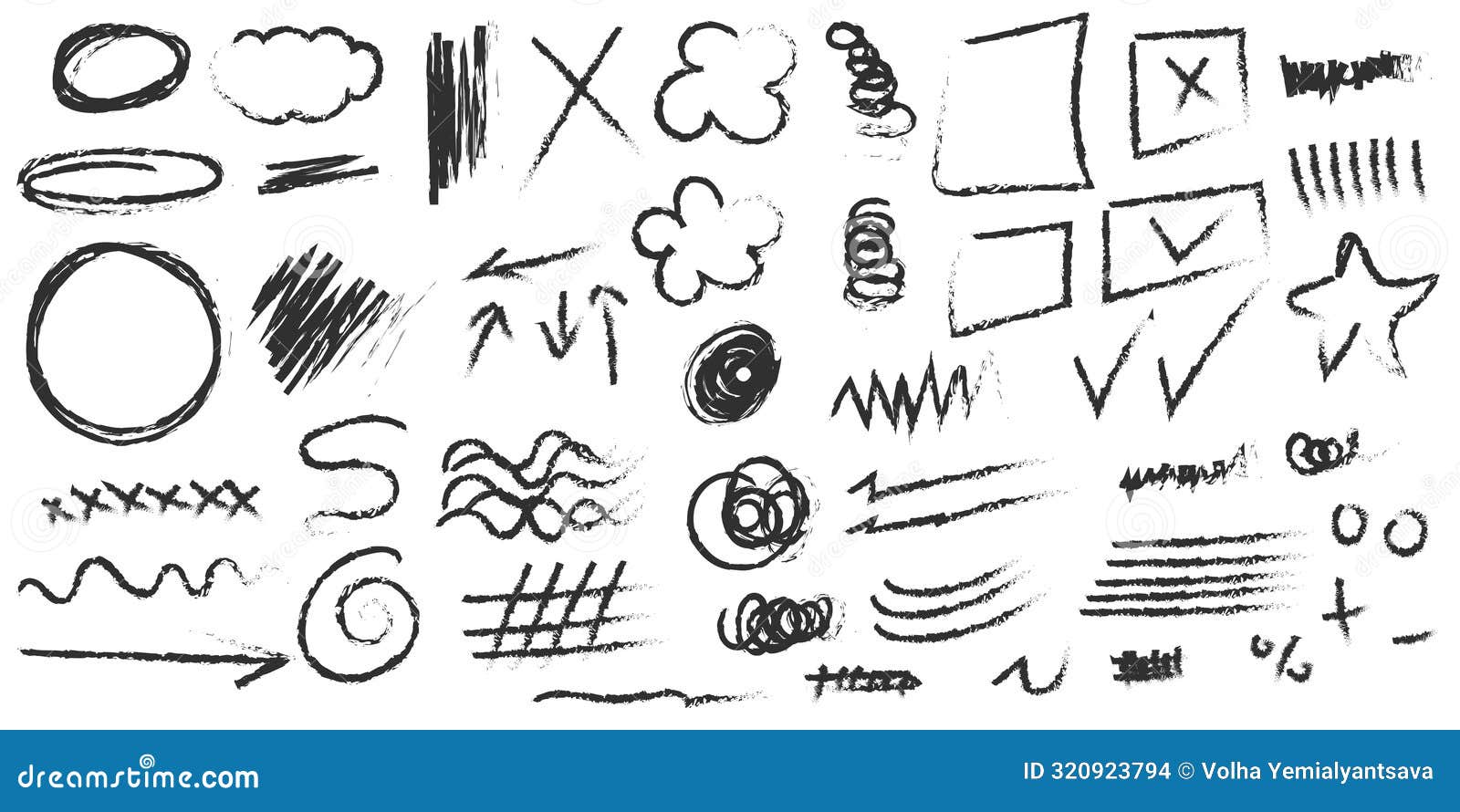 Set of Charcoal Doodle, Drawn Scribble, Texture Illustration. Vector Flat Design Stock Vector ...