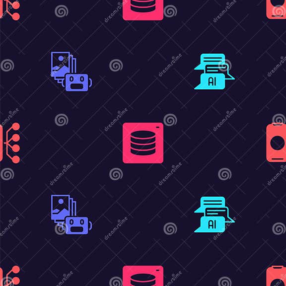 Set Chat Bot, Artificial Intelligence Robot, Server, Data and Neural Network on Seamless Pattern ...