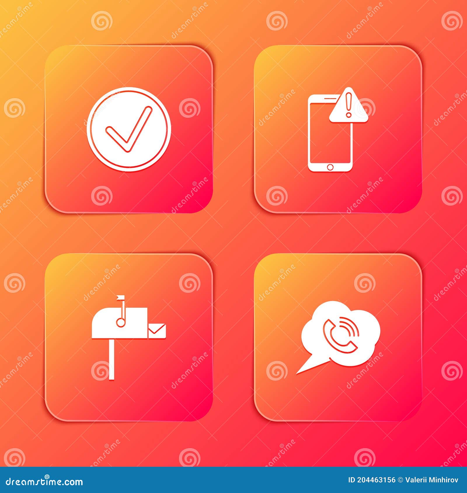 Set Check Mark in Circle, Mobile with Exclamation, Open Mail Box and ...