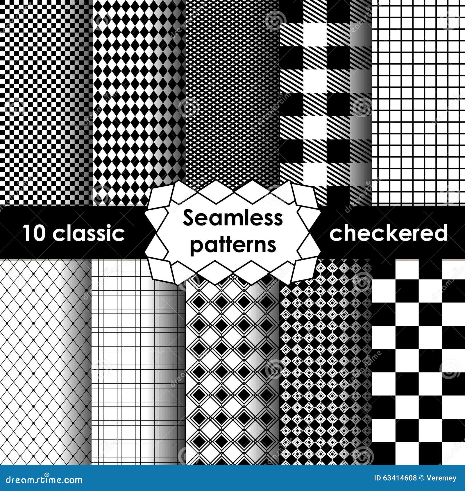 Set of Checkered Simple Fabric Seamless Pattern in Black and White ...