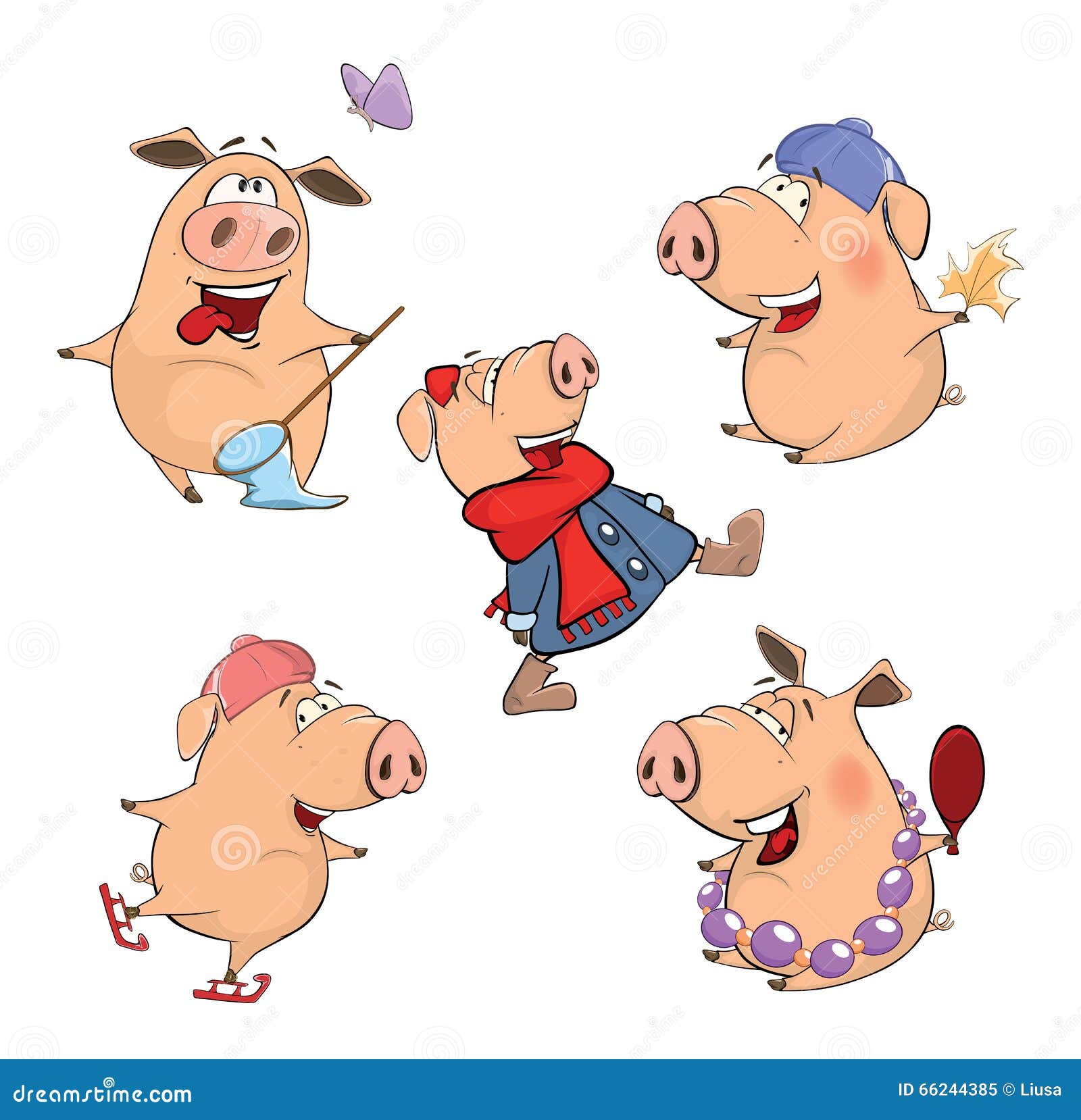 Set of Cheerful Pigs Cartoon Stock Vector - Illustration of skating ...