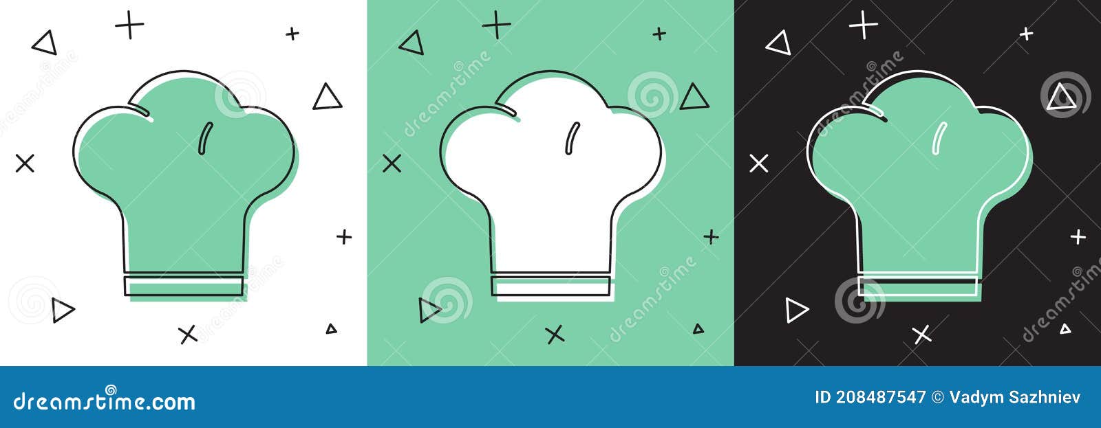 Set Chef Hat Icon Isolated on White and Green, Black Background ...