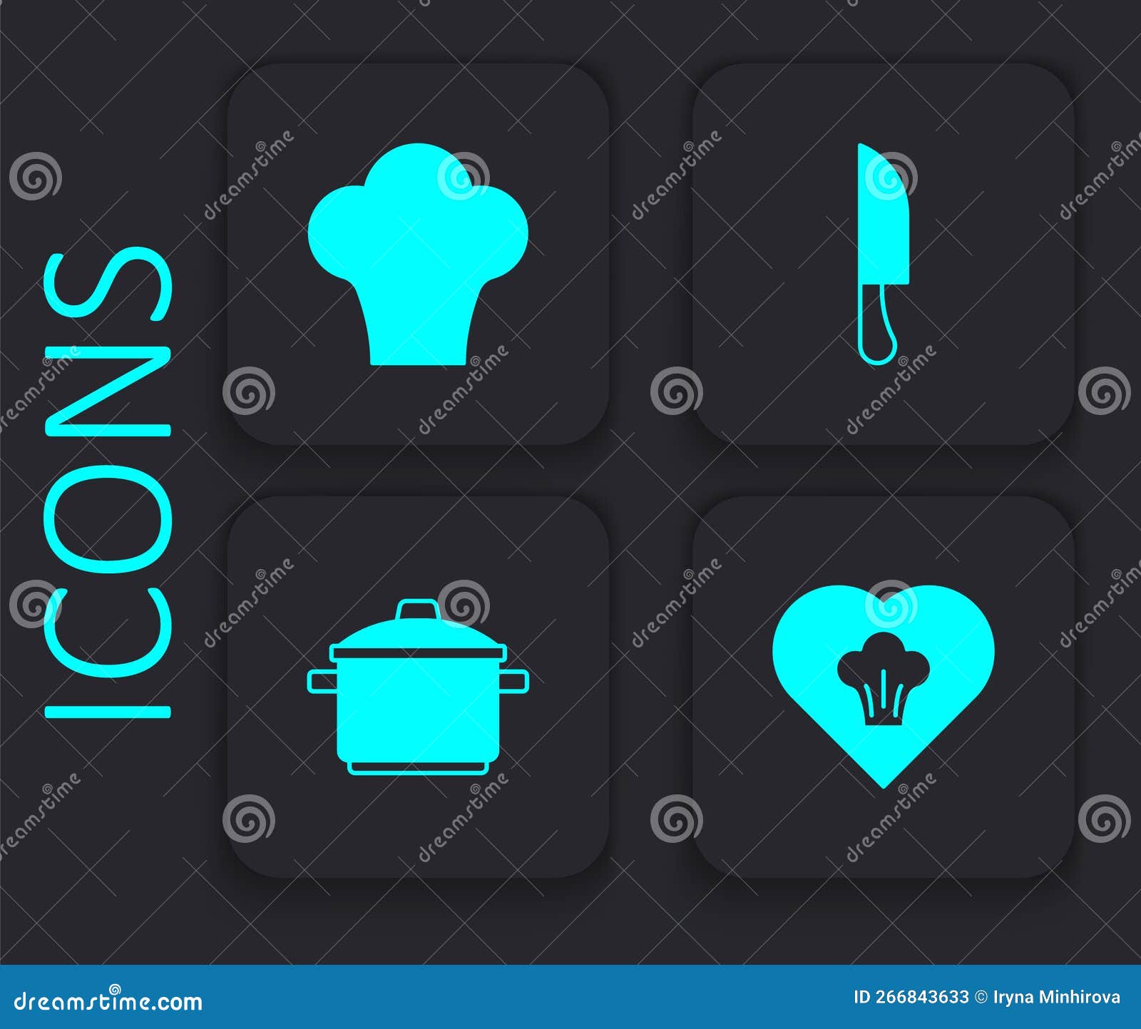 Set Chef Hat, Knife and Cooking Pot Icon. Black Square Button. Vector ...