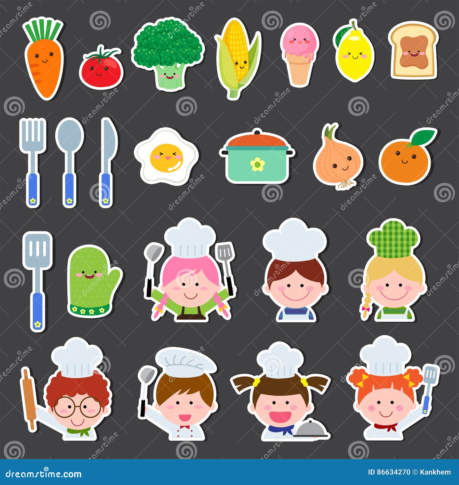Set of Chef Kids and Kitchen Elements Stock Vector - Illustration of ...