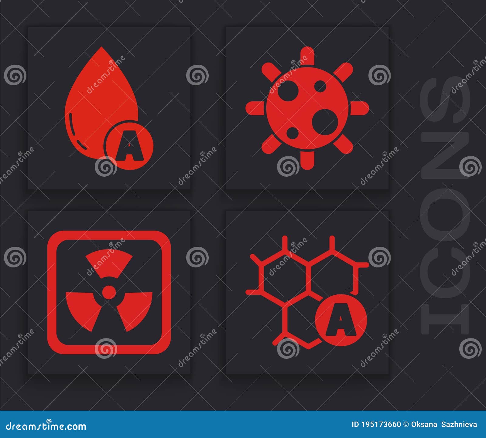 Set Chemical Formula, Water Drop, Bacteria and Radioactive Icon. Vector ...