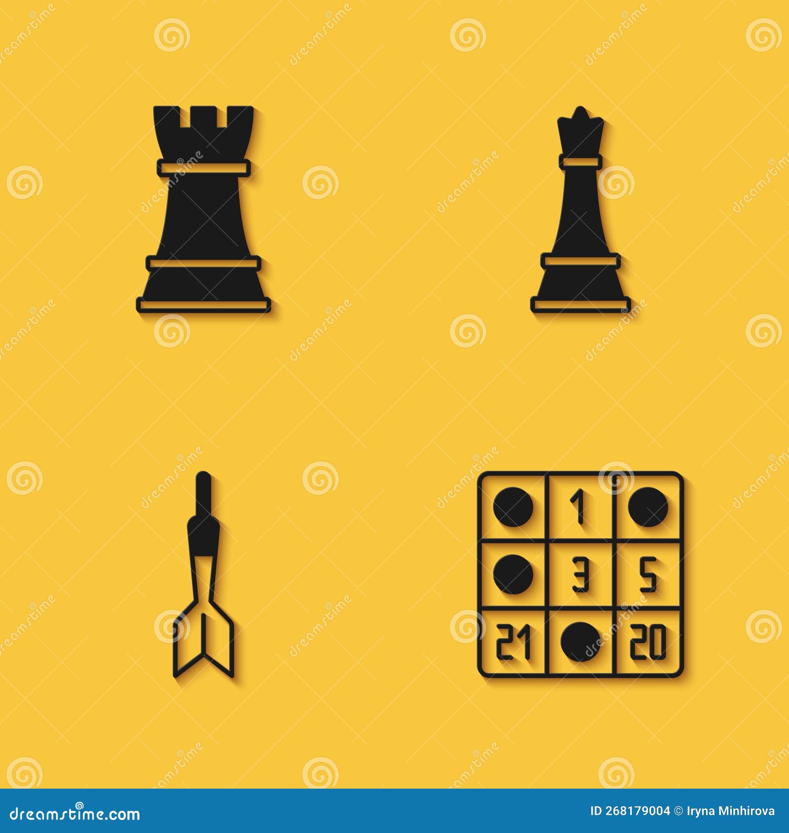 Set Chess, Bingo Card, Dart Arrow and Icon with Long Shadow. Vector ...