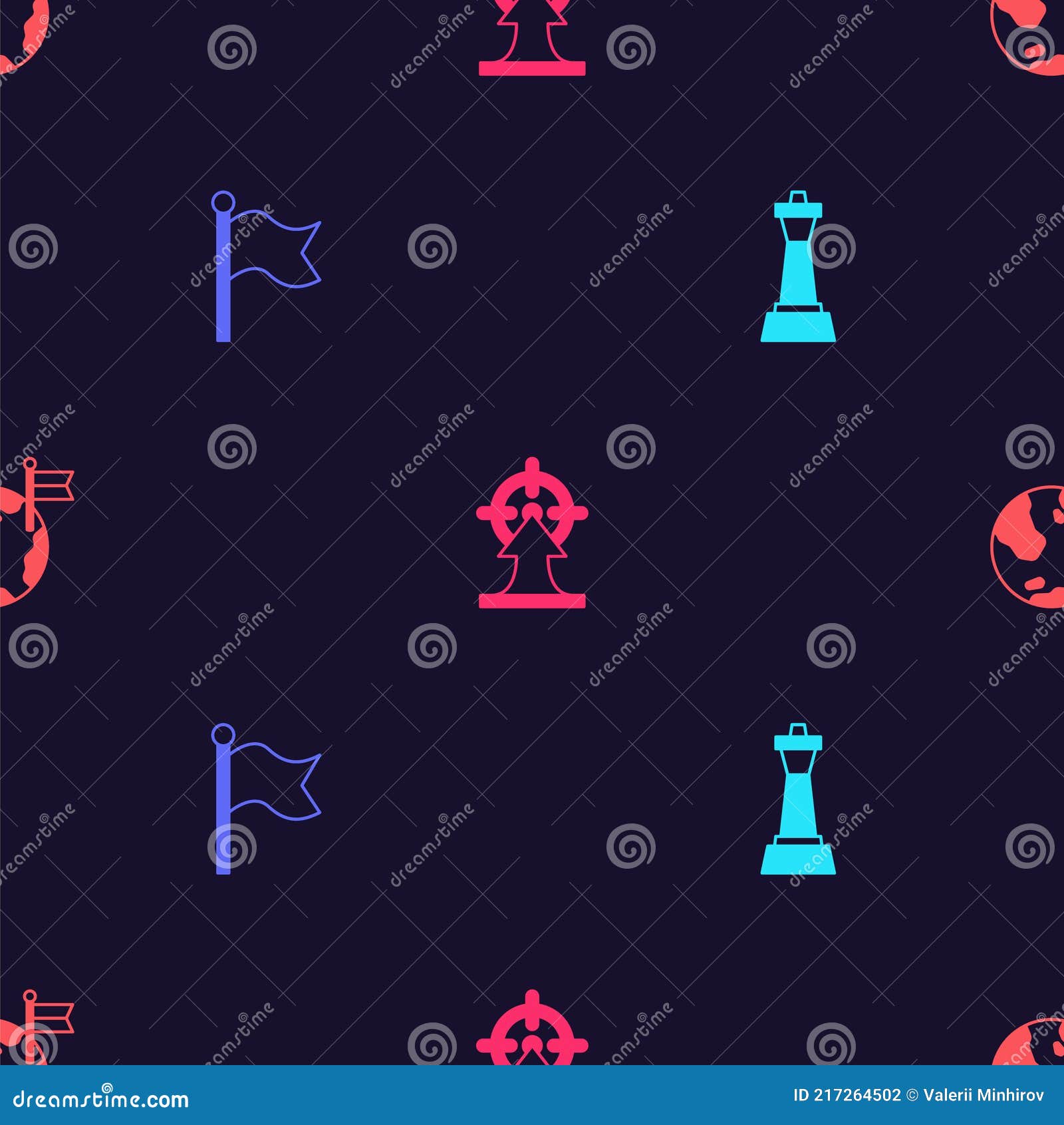 Set Chess, Flag, Target and Planet with Flag on Seamless Pattern ...
