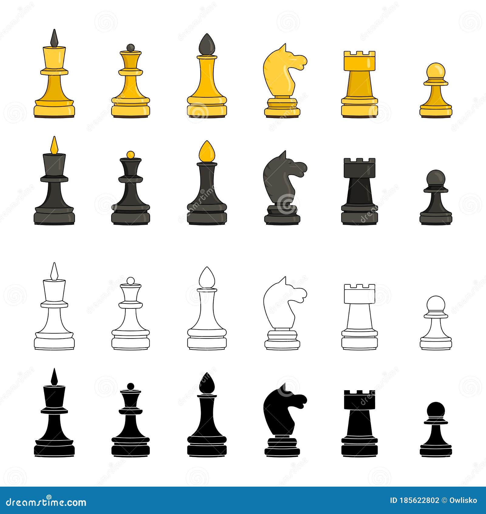 Set of Chess Pieces in Four Versions: Yellow, Black, Line and ...