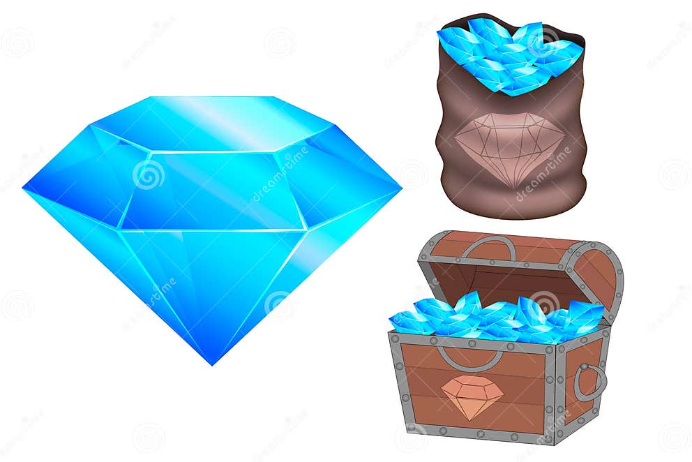 Set of Chest and Bag with Gems in Blue Stock Vector - Illustration of ...