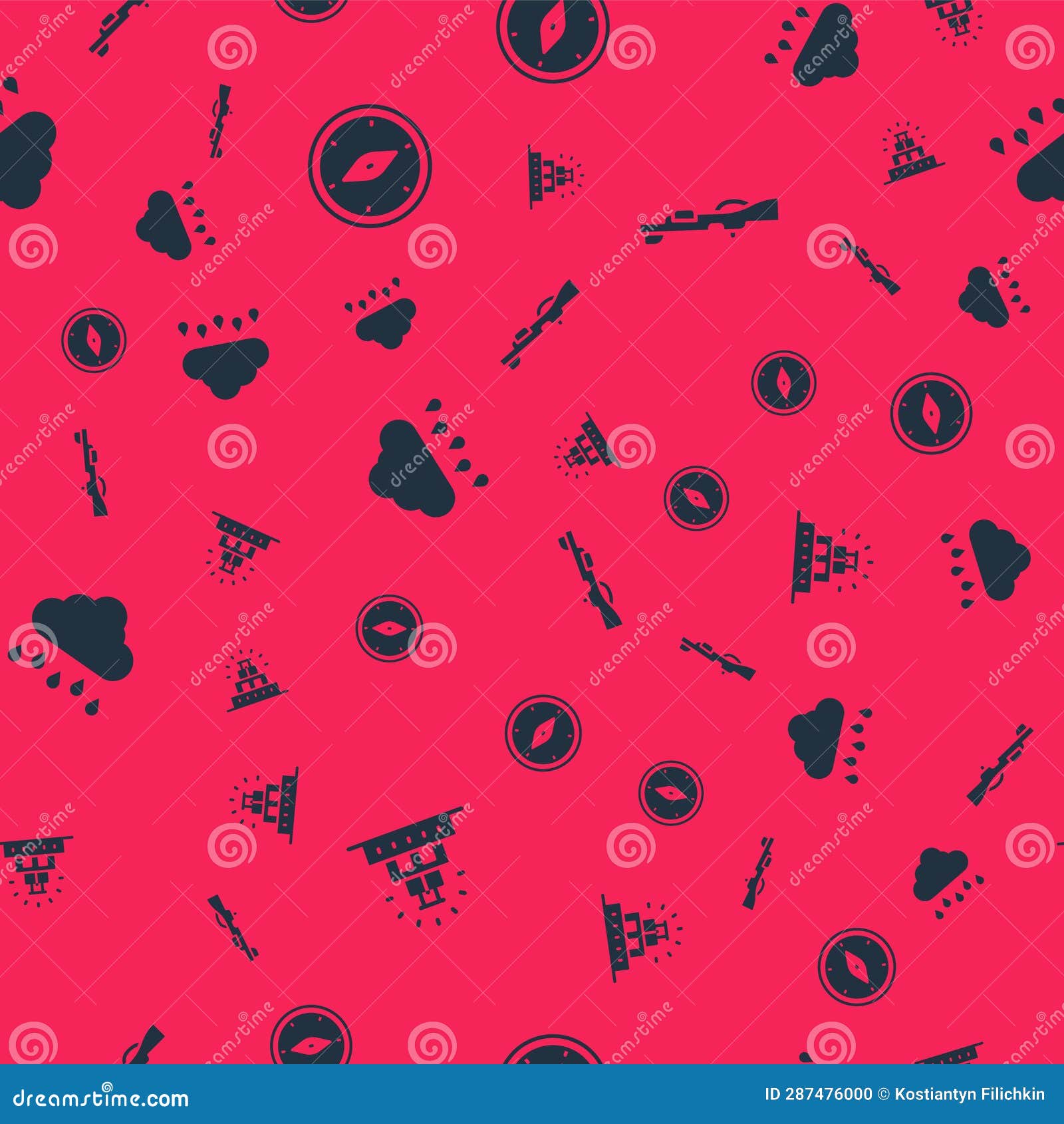 Set Chichen Itza in Mayan, Compass, Cloud with Rain and Hunting Gun on ...