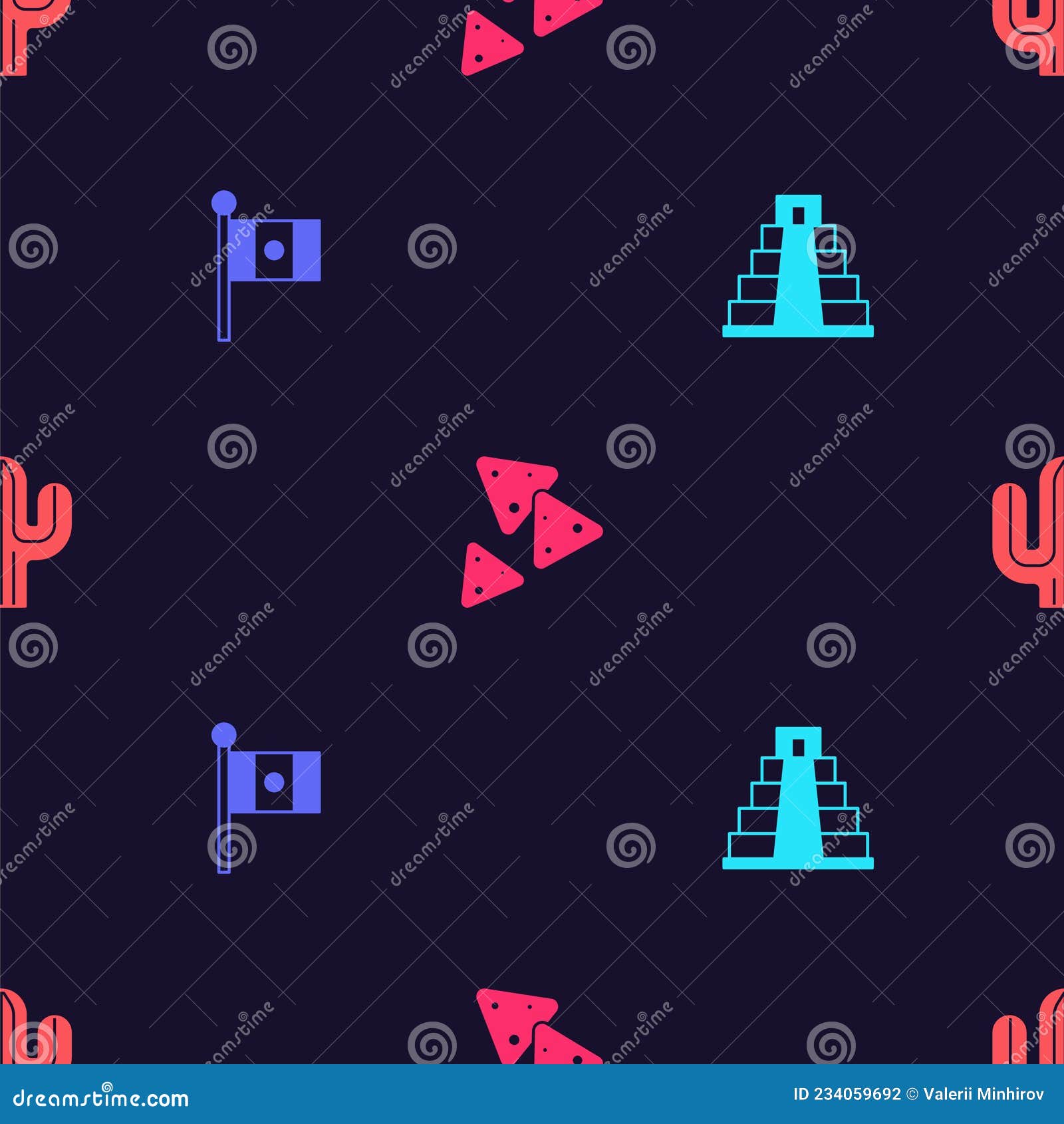 Set Chichen Itza in Mayan, Mexico Flag, Nachos and Cactus on Seamless ...