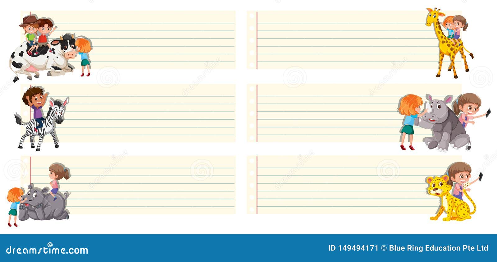 Set of Children and Animal on Note Template Stock Vector - Illustration ...