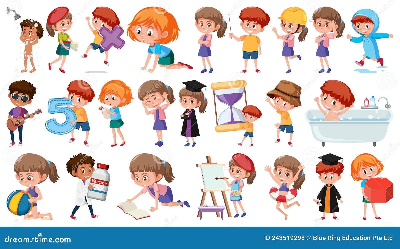 Set of Children Doing Different Activities on White Background Stock ...