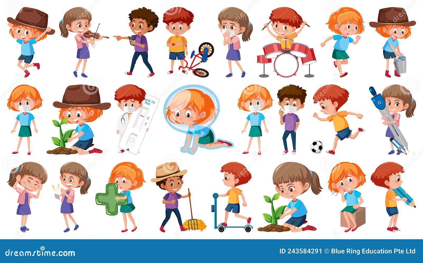 Set of Children Doing Different Activities on White Background Stock ...