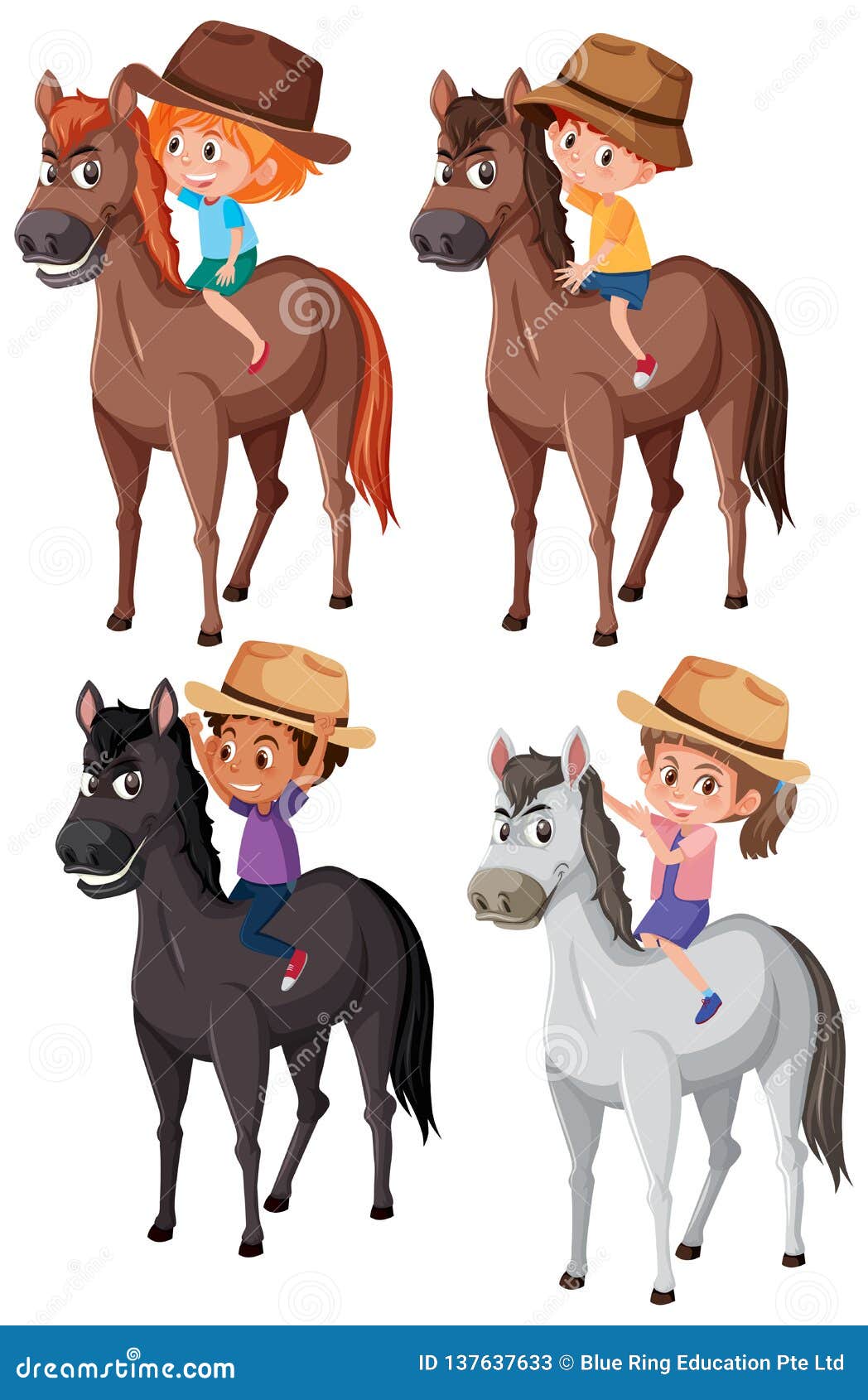 Set of Children Riding Horse Stock Vector - Illustration of cartoon ...