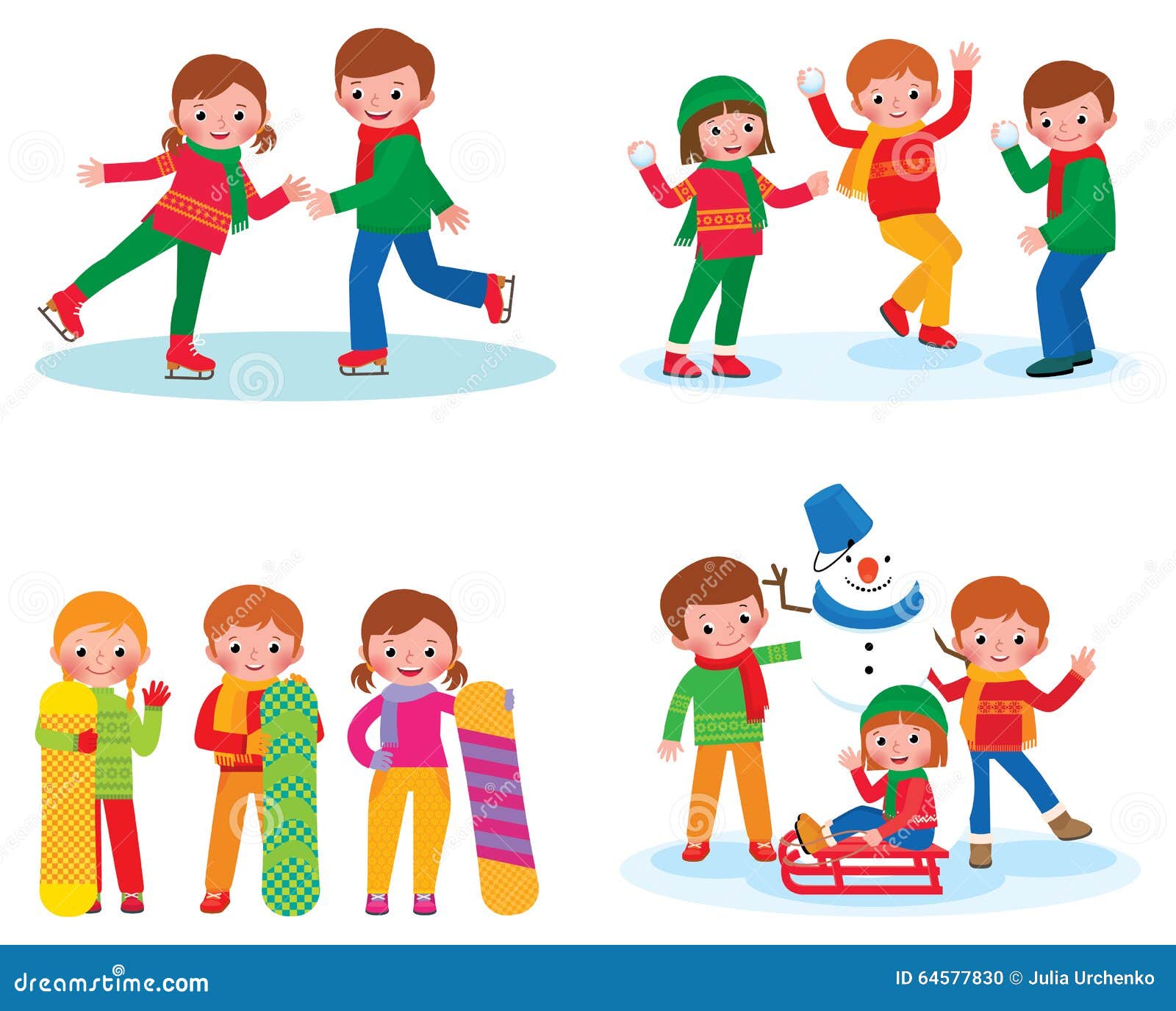 Children Winter Activity. Cute Cartoon Boy And Girl Are Skating ...