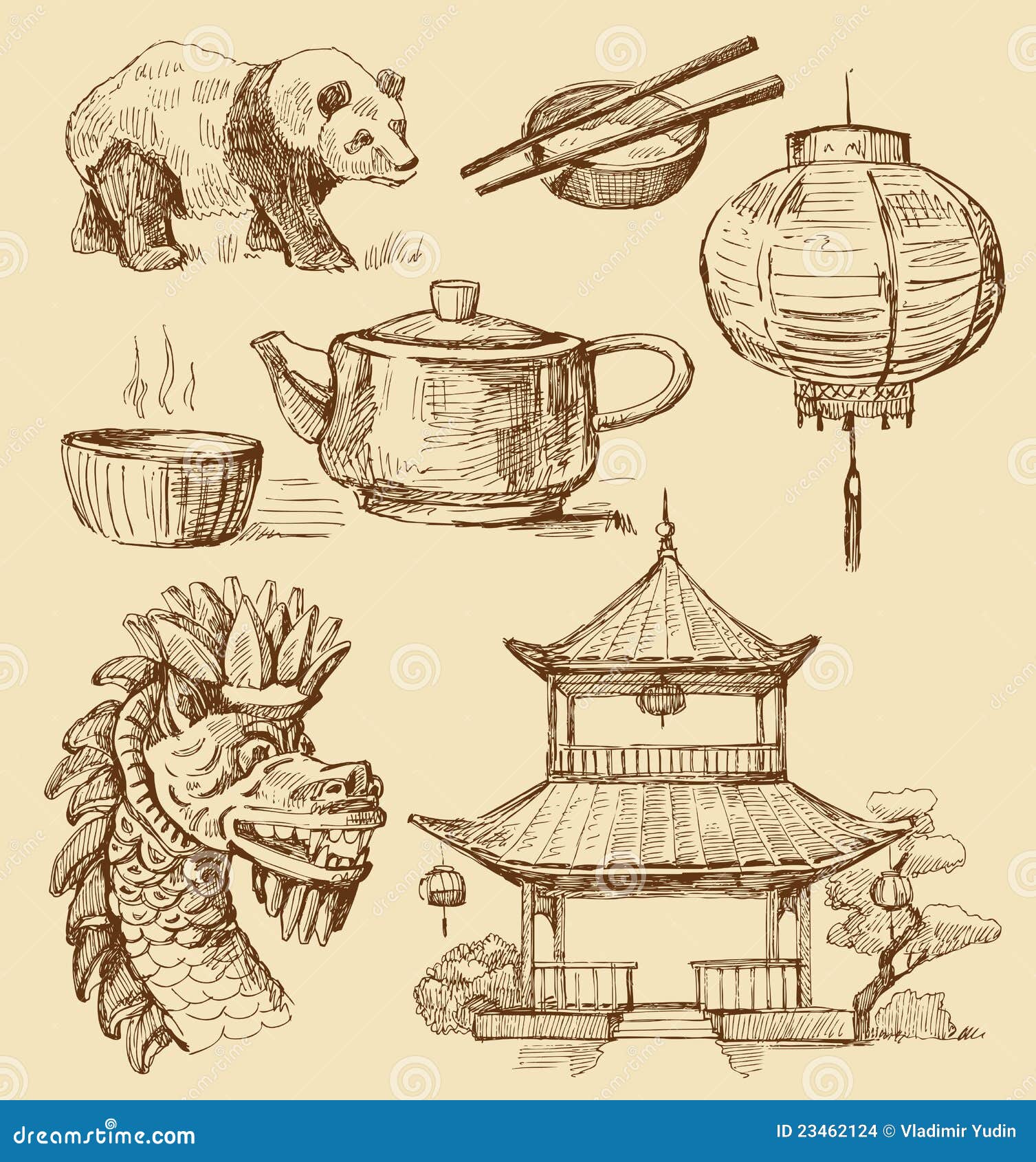 Set of China Hand-drawn Icons Stock Vector - Illustration of eastern ...