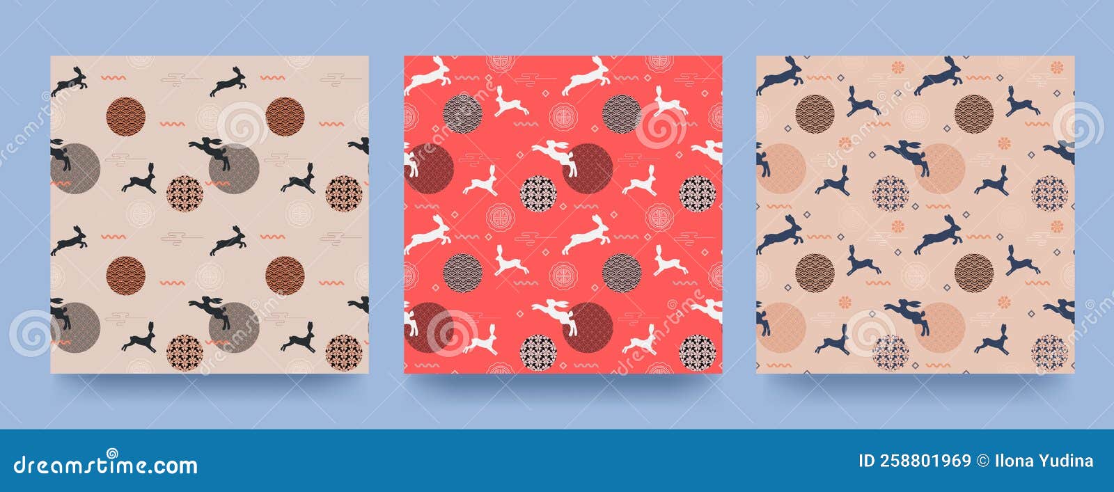 Set of Chinese New Year Design Patterns with Jumping Rabbits and ...