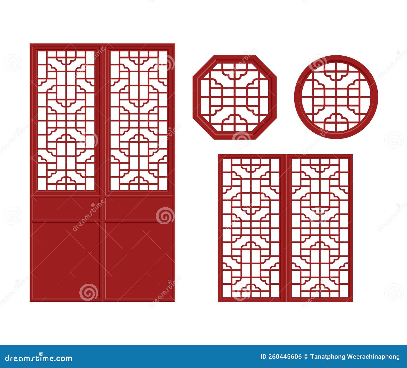 Set 6 of Chinese Ornament Windows and Doors Pattern Vector Outline ...