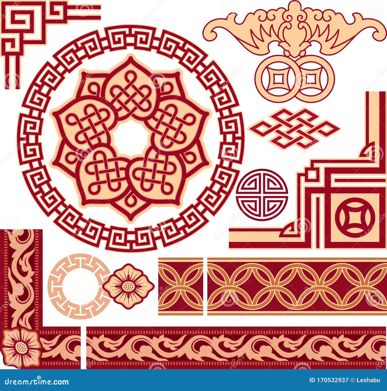 Set of Chinese Pattern Elements - Corners, Border, Round Ornament Stock ...