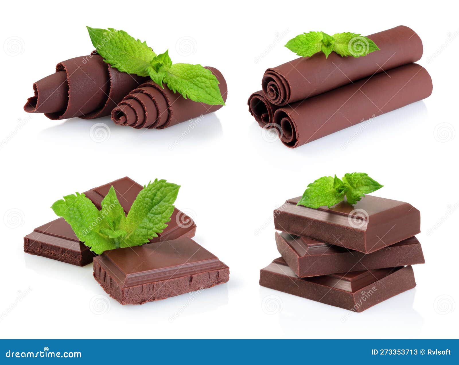 Set of Chocolate Tubes and Bars with Green Mint Leaves, on White ...