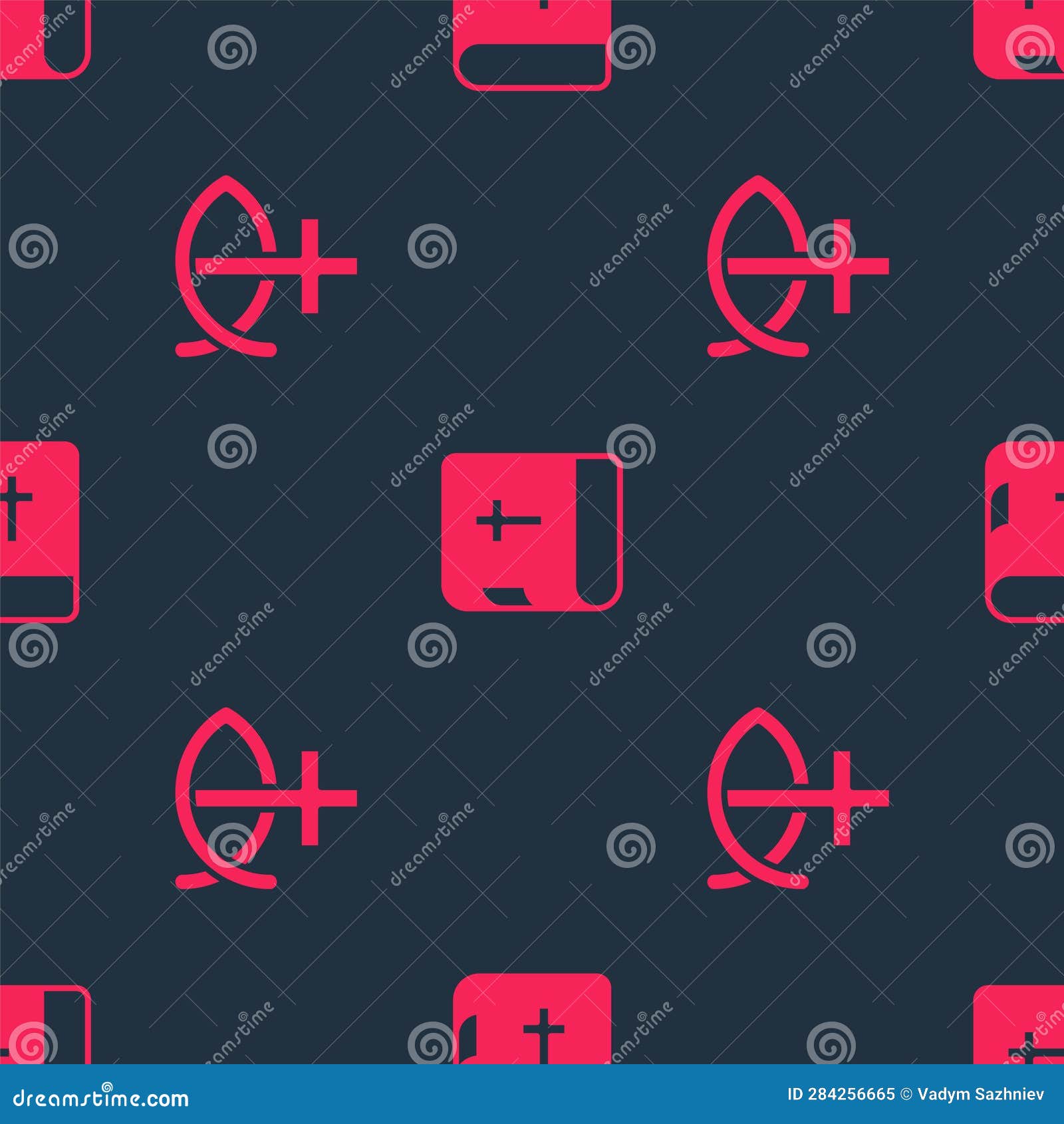 Set Christian Fish and Holy Bible Book on Seamless Pattern. Vector ...