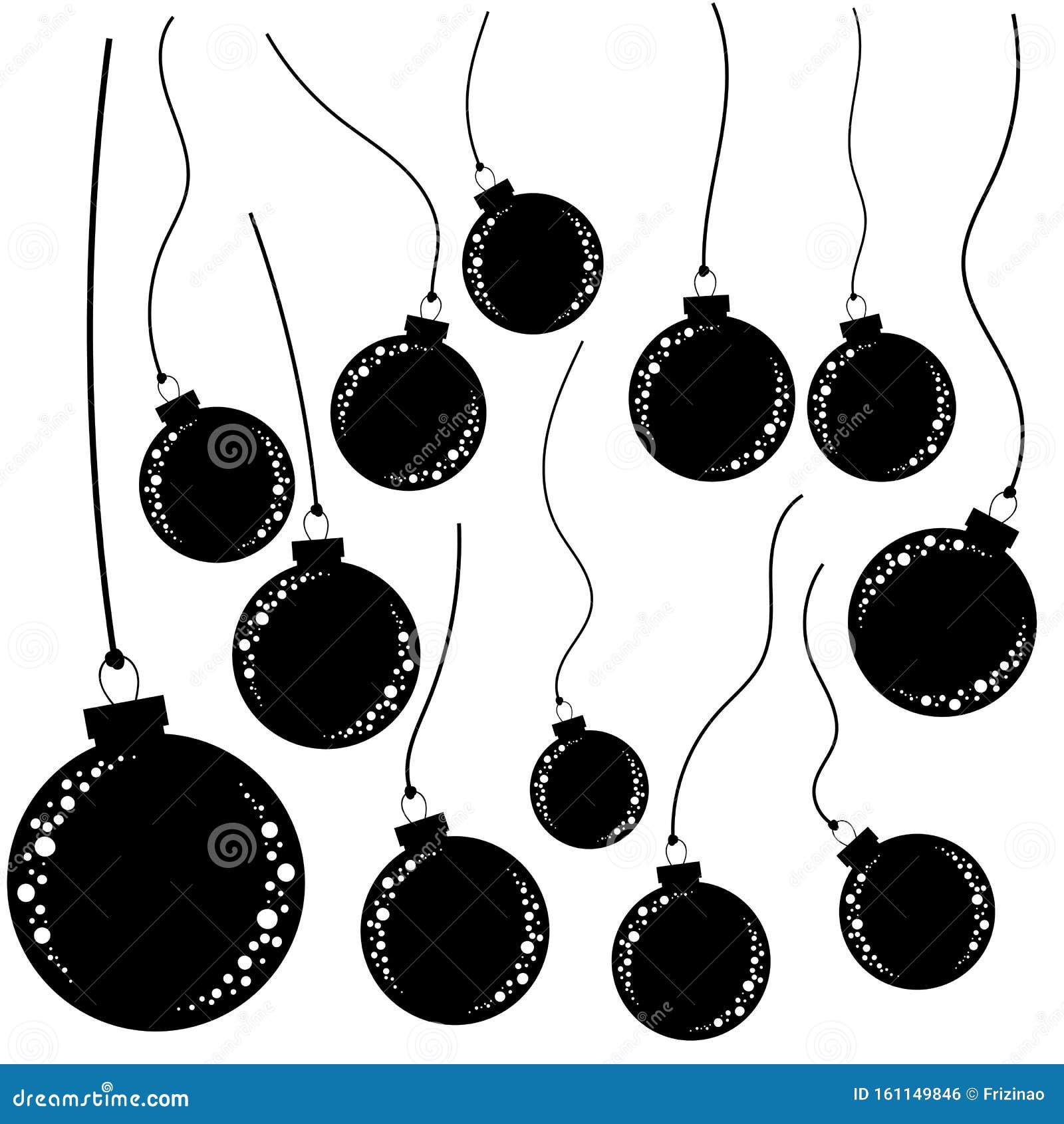 Set of Christmas Balls Falling Down on the Ropes. Flat Black Isolated ...