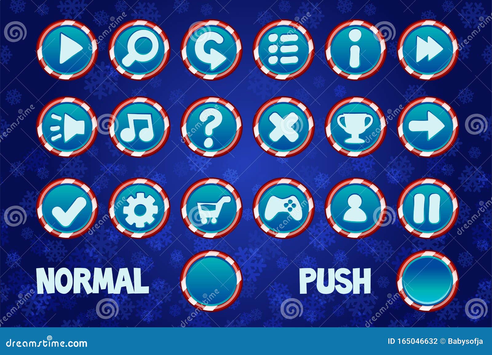 Set Christmas Buttons for Web and 2D Games UI. Normal and Push Circle ...