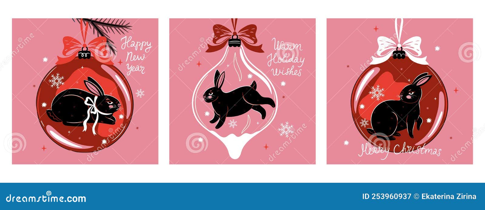 Set Of Christmas Cards With Black Rabbits. Vector Graphics ...
