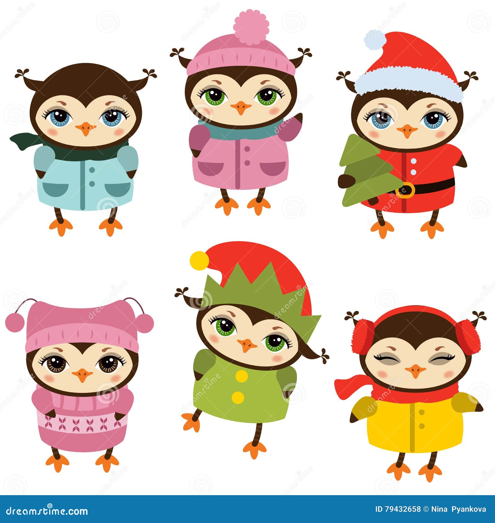 Set of Christmas Owls. stock vector. Illustration of lights - 79432658