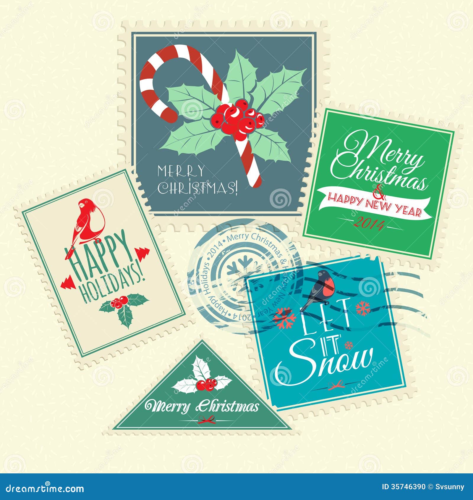 Set of Christmas Postal Stamps Stock Vector - Illustration of berry ...